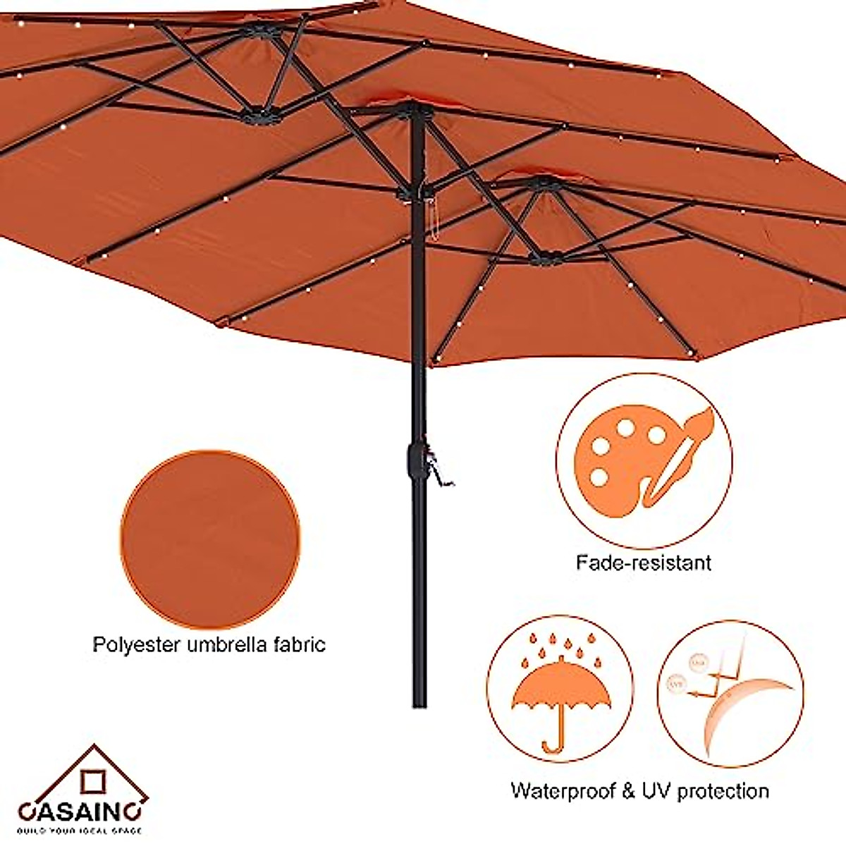 CASAINC 15 FT Solar LED Patio Umbrella with Base Double-Sided Extra Large Outdoor Umbrella Market Rectangular Twin Umbrella w/Crank for Garden Deck Lawn Pool Backyard-Orange (with Lights)