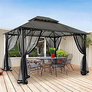 ZZBJ 12 ft. x 10 ft. Aluminum Hardtop Outdoor Patio Gazebo with Insulated Double-Roof Hardtop and Netting
