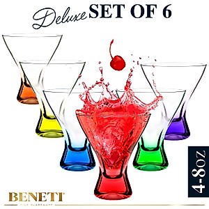 Beneti Martini Glasses | Made In Europe | Stemless Cocktail Bar Drinking Glassware Set for Parties (6 Pack - 8 oz - Multi Colored)