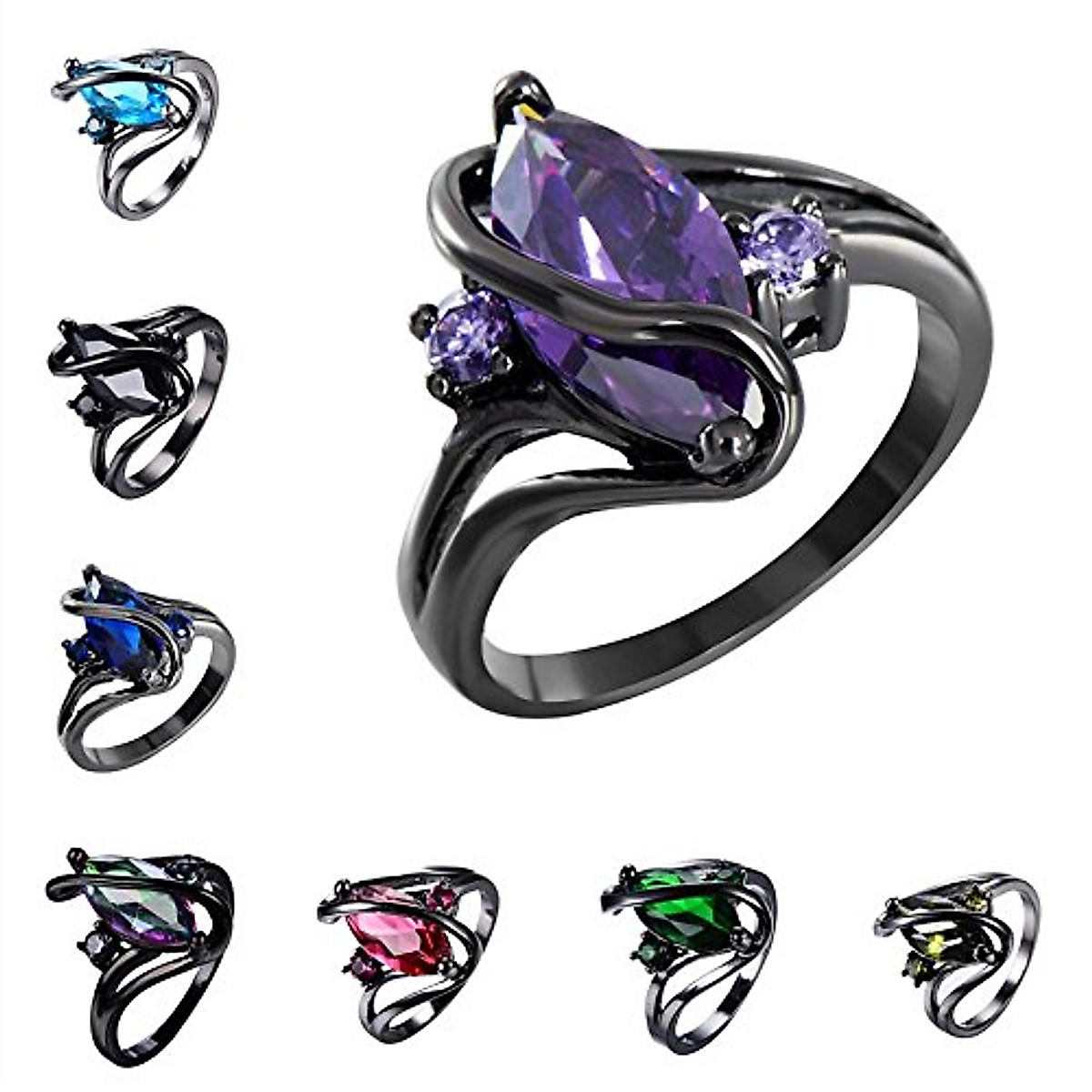 Patcharapa Jewelry (Purple Amethyst) Marquise Cut Colorful Sapphire S Shape Black Gold Filled Wedding Ring Size 3-12 (12)