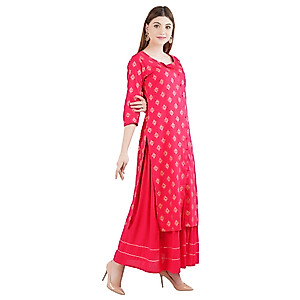 Arayna Women's Rayon Printed Kurta with Skirt Set, Red, Large