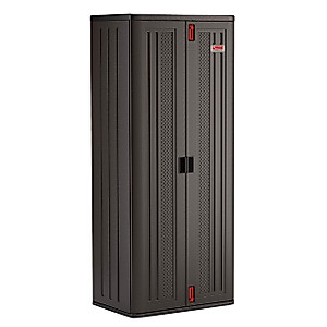 Suncast Commercial 19 Cubic Ft. Heavy-Duty Resin Cabinet with 4 Shelves + Suncast 33 Gallon Hideaway Can Resin Outdoor Trash