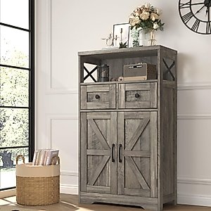 Befrases Farmhouse Storage Cabinet with Drawers and Shelf, Freestanding Kitchen Pantry Storage Cabinet, Floor Storage Cabinet Hutch Cupboard for Kitchen, Living Room, Home Office, Rustic Grey