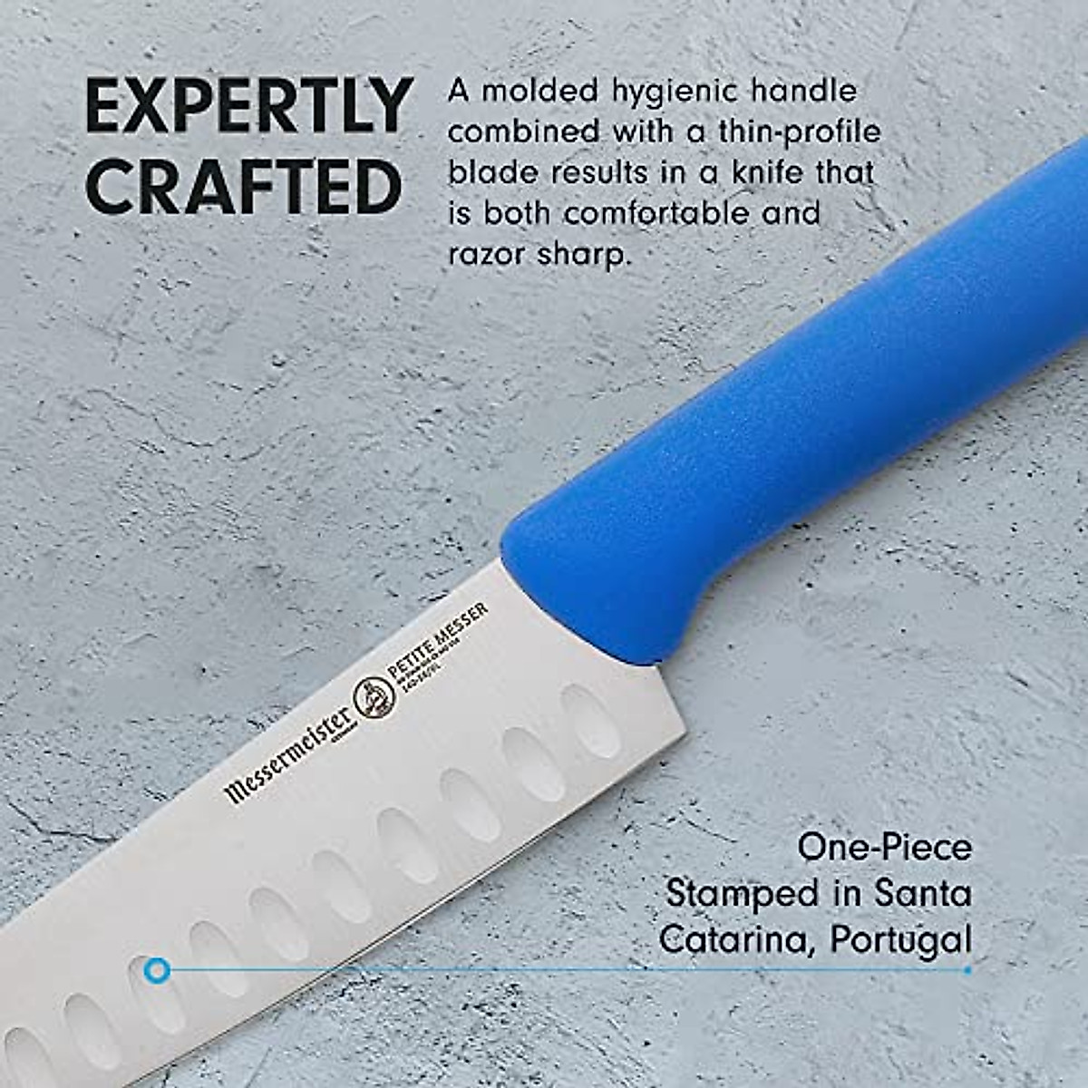 Messermeister Petite Messer 5” Kullenschliff Santoku Knife, Blue - German 1.4116 Stainless Steel & Ergonomic Handle - Lightweight, Rust Resistant & Easy to Maintain
