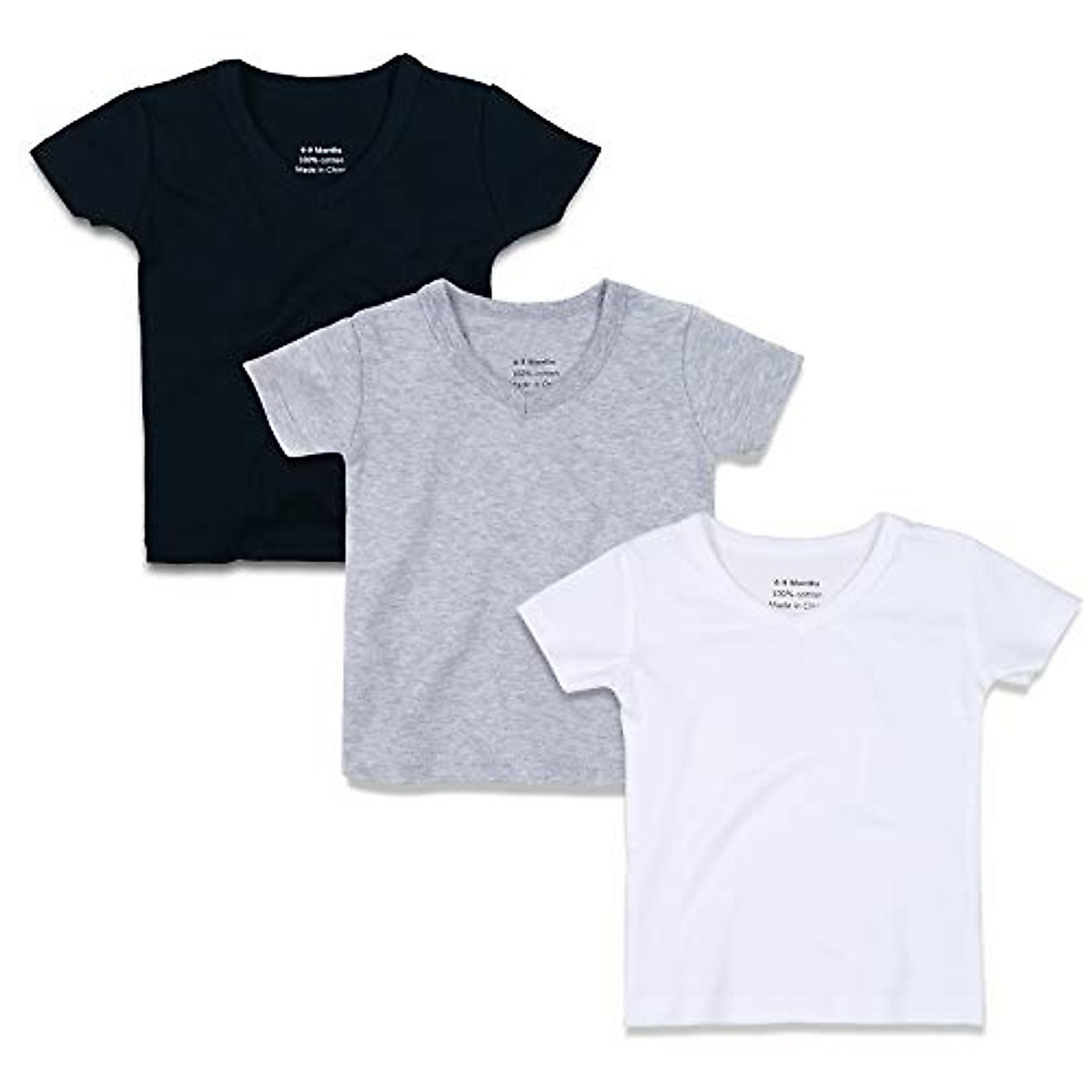 OPAWO Unisex Infant Baby Cotton V-Neck T-Shirts Toddler Short Sleeve Blank Tees Shirts 3 Pack for Boys Girls 6-24 Months(Black/White/Gray,12-18 Months)