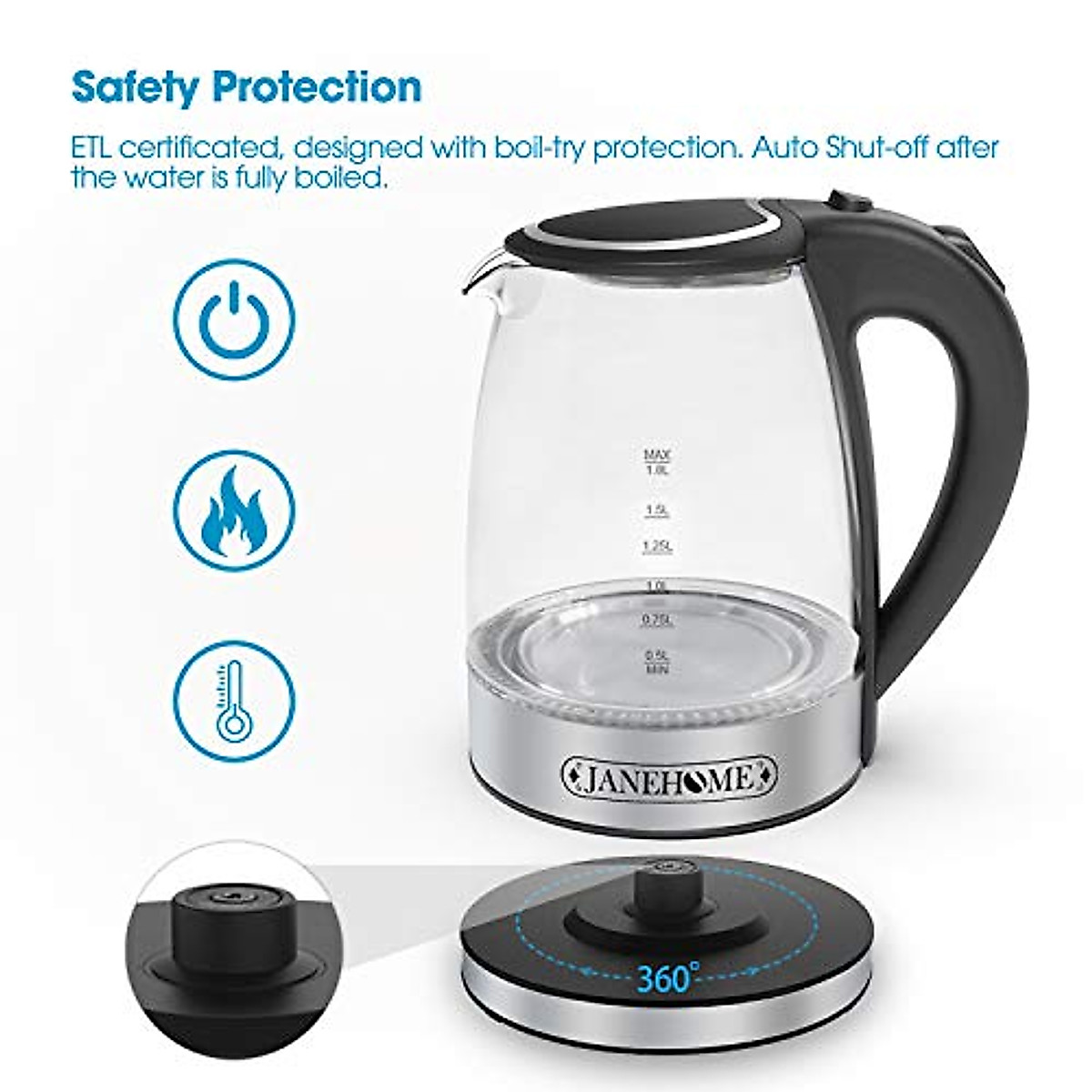 Plaman Electric Kettle,Glass Tea Kettle 1.8L with Blue LED for Boiling Water,BPA-Free Hot Water Glass Kettle with Auto Shut-Off and Boil Dry Protection for Coffee & Tea
