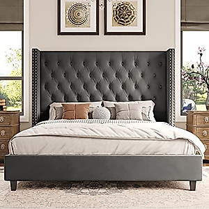 Jocisland King Bed Frame Wingback Headboard Upholstered Bed Velvet Tufted Deep Button/No Box Spring Needed/Easy Assembly/Dark Gray