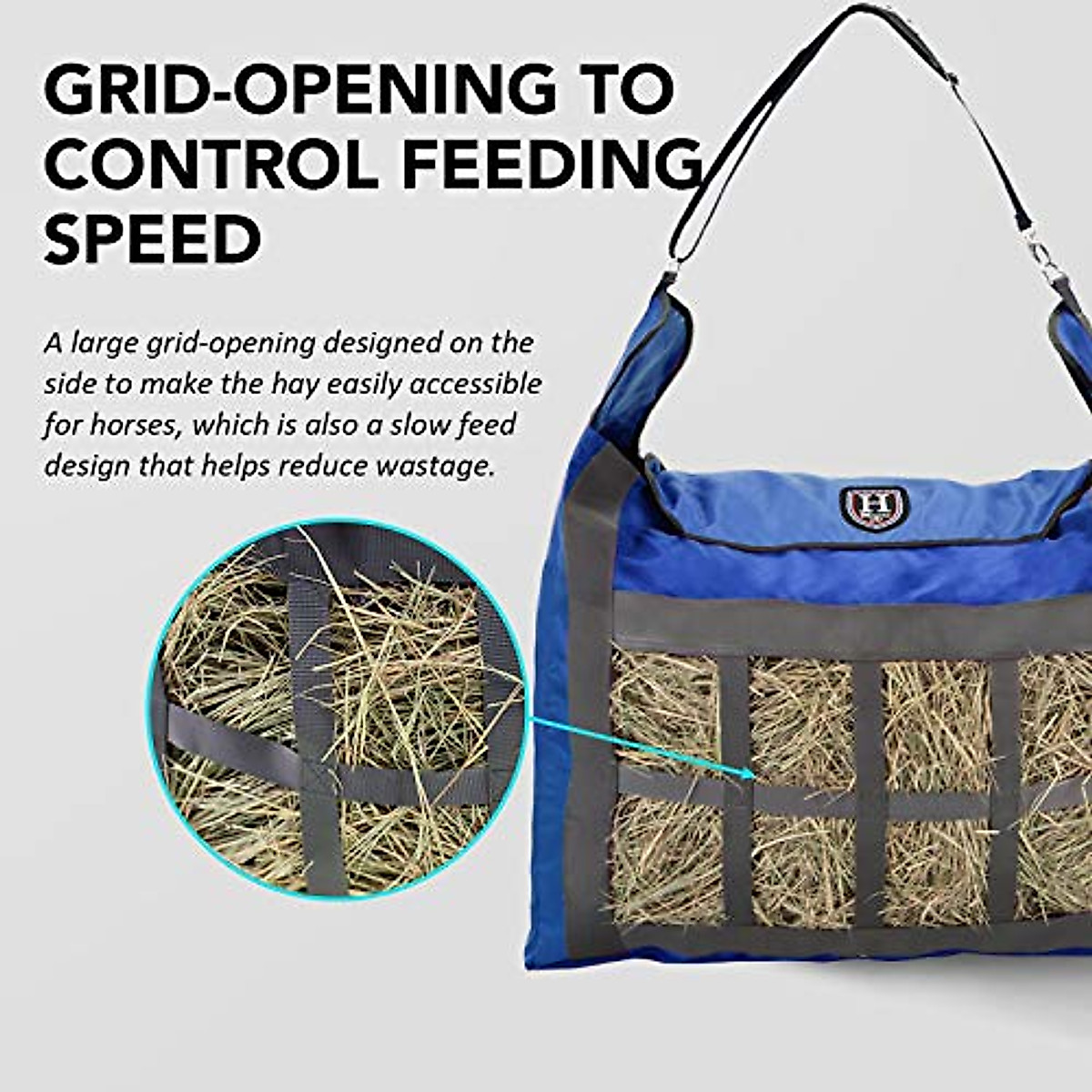 Harrison Howard Premium Durable Slow Feed Horse Hay Bags Oxford Cloth Heavy Duty Large Capacity Horse Feeding Bag-Champion Blue