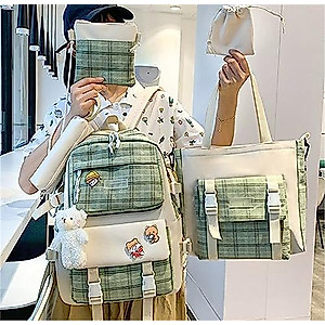 Sanley 5Pcs Kawaii Backpack Set with Cute Bear Accessories Backpack Casual Backpack Travel Backpack Cute Backpack(01-Green Backpack)