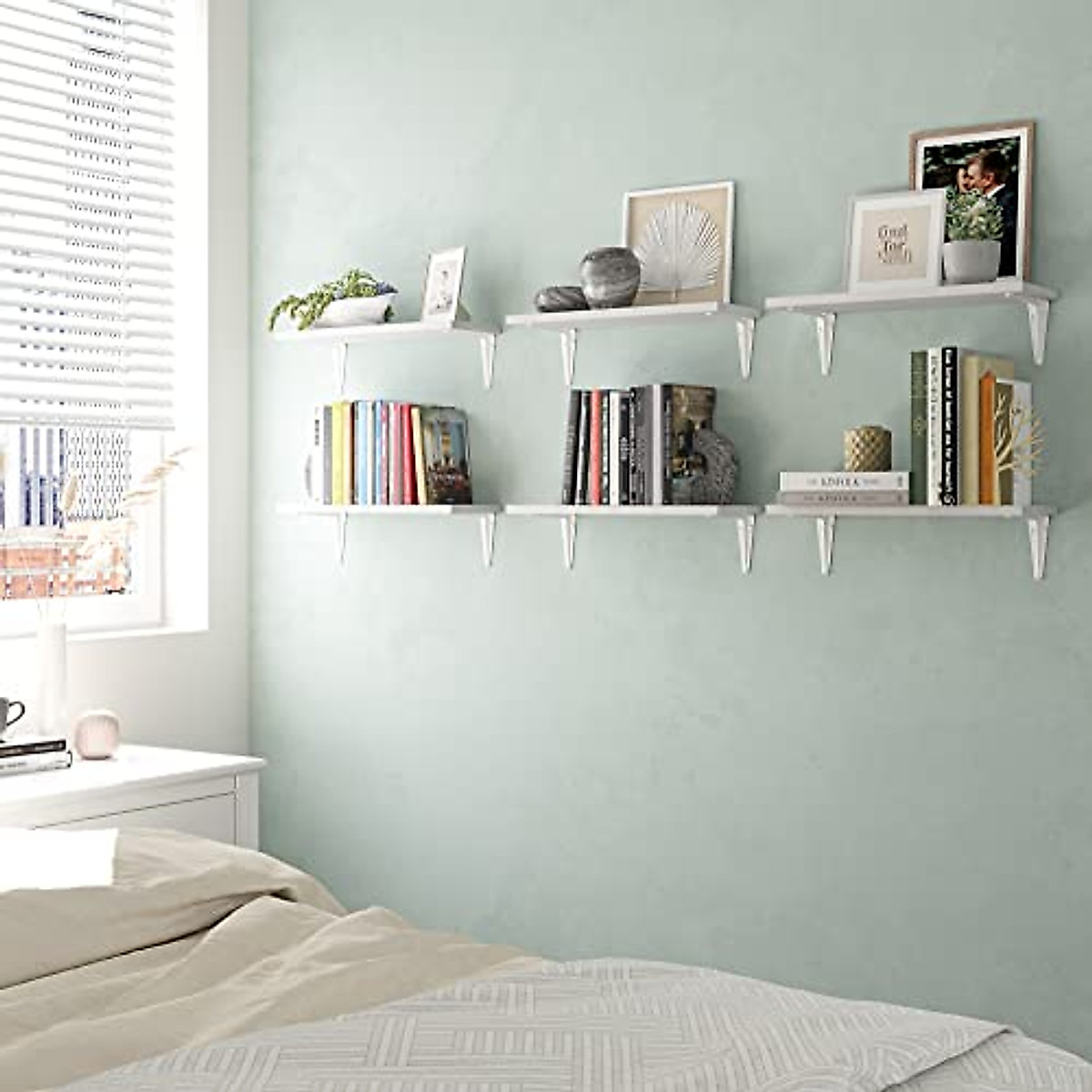 Wallniture Arras 17"x6" Floating Shelves for Storage, Wall Bookshelf Living Room Decor, Wall Shelves for Kitchen, Bathroom Floating Shelf, Dining Room Storage Shelves, Set of 6, White, Wood