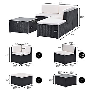 5-Piece Outdoor Furniture Sofa Set, Patio Rattan PE Wicker Furniture Corner Sofa Set, All-Weather Wicker Rattan Conversation Set with Cushions and Glass Table (Beige + Rattan)