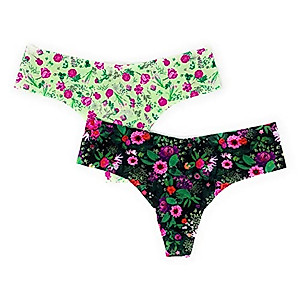 Victoria's Secret No-Show Thong Panty, Green Floral/Black Floral, Large