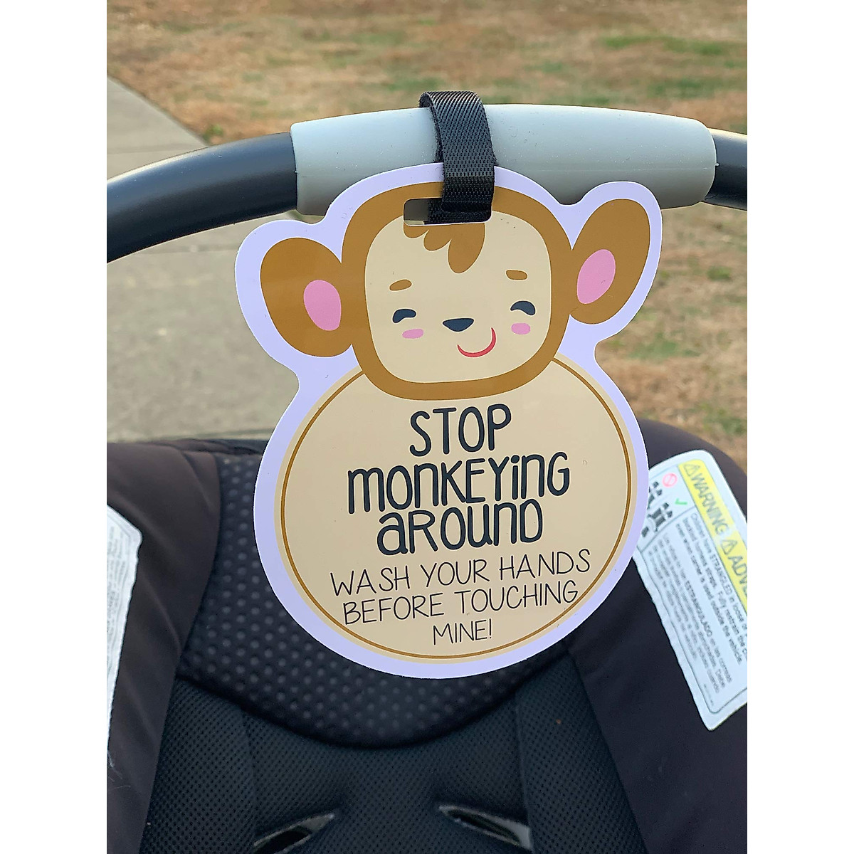 THREE LITTLE TOTS – Animal Theme No Touching Baby Car Seat Sign or Stroller Tag - CPSIA Safety Tested (Monkey)