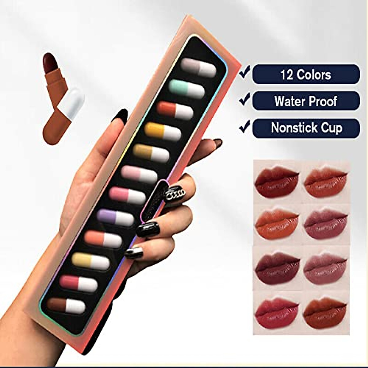 BonyTec MadayFormula Pill Lipstick Mini, 12 Colors Matte Lipstick, Lip Capsules, Waterproof Long Lasting Mini Capsules Lipstick Set Gift for Girls Women