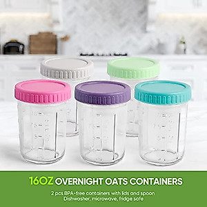 HAPTIME Overnight Oats Containers with Lid and Spoon Set of 2, 16 Oz Overnight Oats Jars, Oatmeal Cup, Wide Mouth Mason Jar, Leak-Proof Storage Container for Cereal, Milk, Salad, Fruit