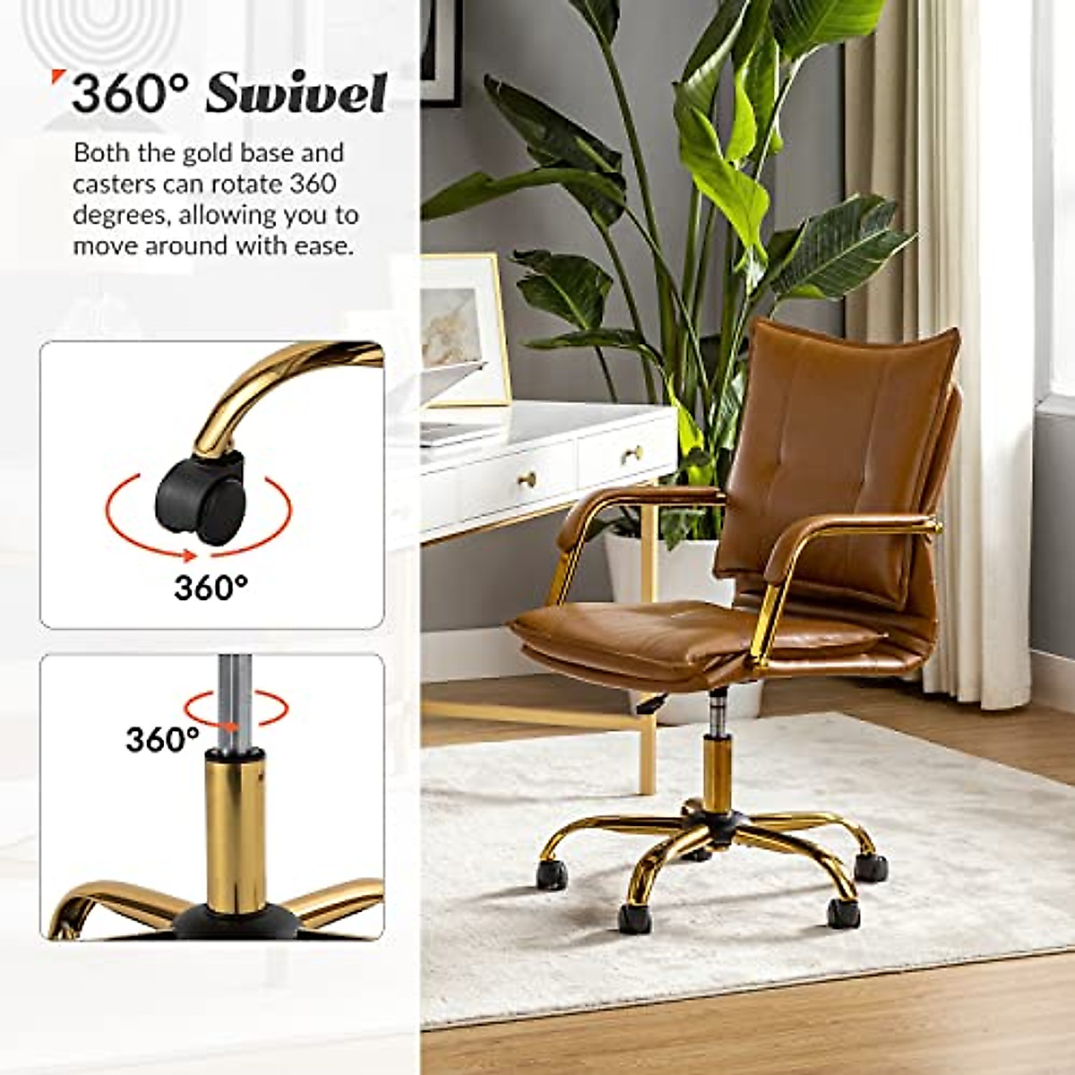 HULALA HOME Faux Leather Home Office Desk Chair, Adjustable Swivel Computer Chair with Golden Legs and Arms, Comfy Upholstered Task Chair,Camel