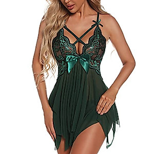 RSLOVE Babydoll Lingerie for Women V Neck Chemise Sexy Exotic Open Front Nightgowns Green