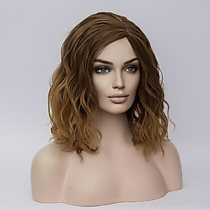 BERON Womens Brown Wig Short Curly Bob Hair Wig for Girls Brown Ombre Color Wavy Heat Resistant Synthetic Wig Body Wave Daily Hair Party Wigs