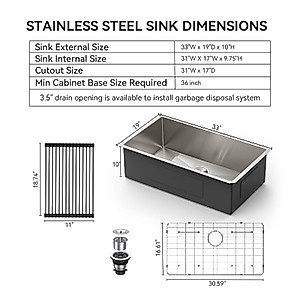 33 Undermount Kitchen Sink - Lordear 33x19x10 Inch Stainless Steel Single Bowl Kitchen Sinks Round Corner 16 Gauge Handmade Under Counter Kitchen Sinks Basin