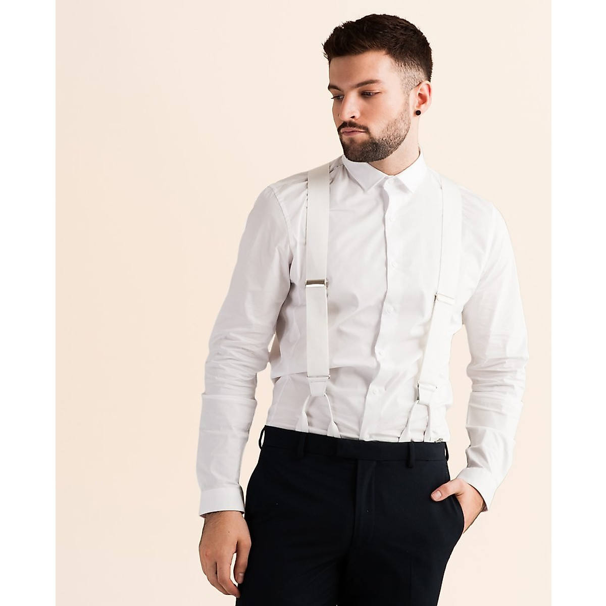 White Suspenders Genuine Leather Clip Suspenders (Button/Clip-on Wide)