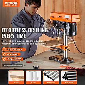 VEVOR 8 in Benchtop Drill Press, 2.3A Induction Motor, Tabletop Drilling Machine with 750/1140 / 1740/2340 / 3200 RPM Adjustable Speed, 0-45° Tilting Worktable, LED Work Light, for Wood Metal