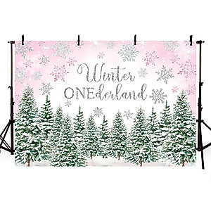 MEHOFOND 7x5ft Winter Onederland Backdrop for Girls First Birthday Pink Silver Glitter Snowflake Photography Background Pine Trees Happy 1st Birthday Party Banner Decorations Photo Booth Props