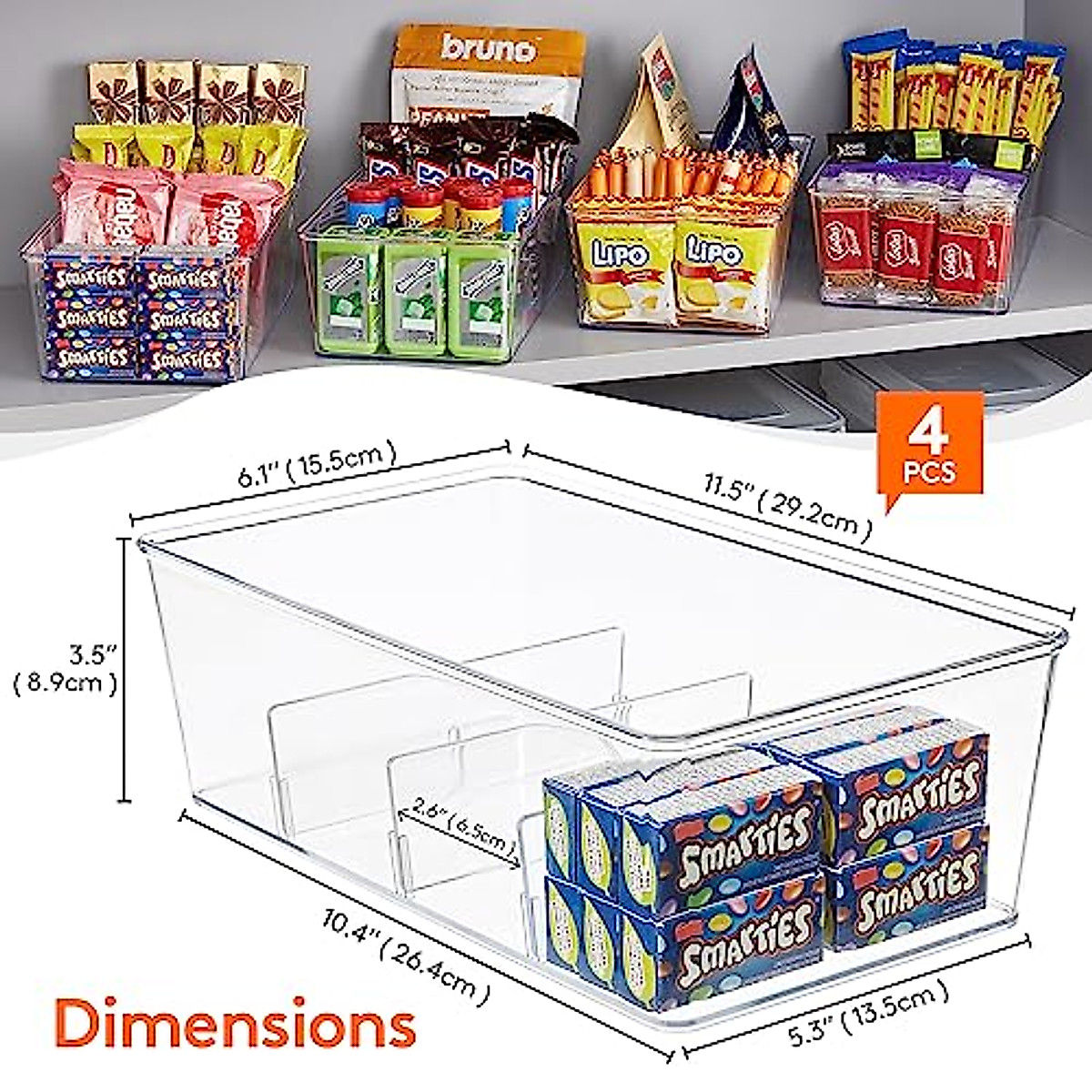 Lifewit 4Pcs Plastic Food Storage Organizer Bin Box, Hold with 3 Dividers for Tea Bags, Snacks, Packets, Pouches, Spices, Ideal for Pantry, Kitchen, Fridge, Cabinet Organization, BPA Free, Clear