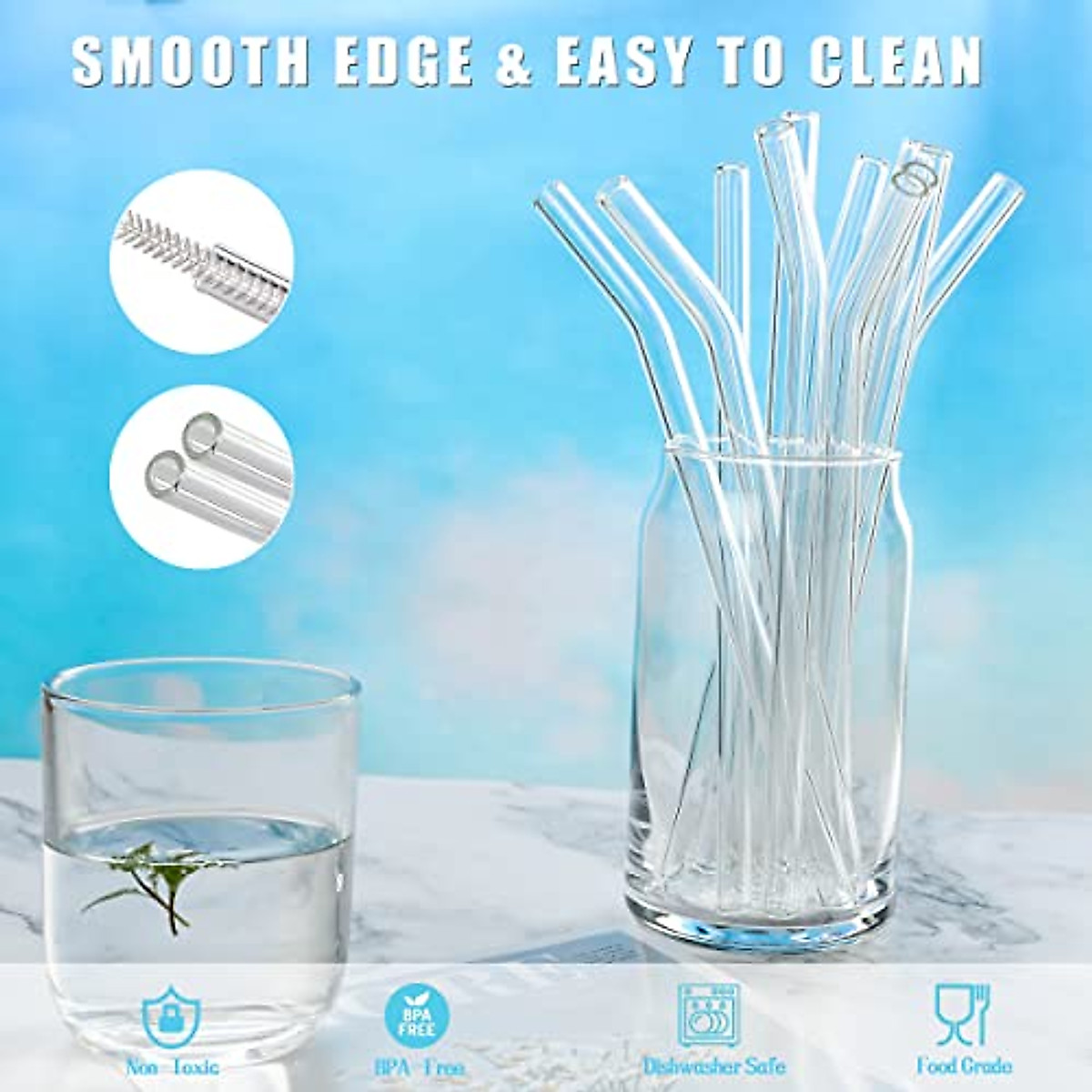 Glass Straws,12-Pack Reusable Glass Drinking Straws, Size 8.5''x10 MM, Including 6 Straight and 6 Bent with 2 Cleaning Brush, Clear Glass Straws Reusable
