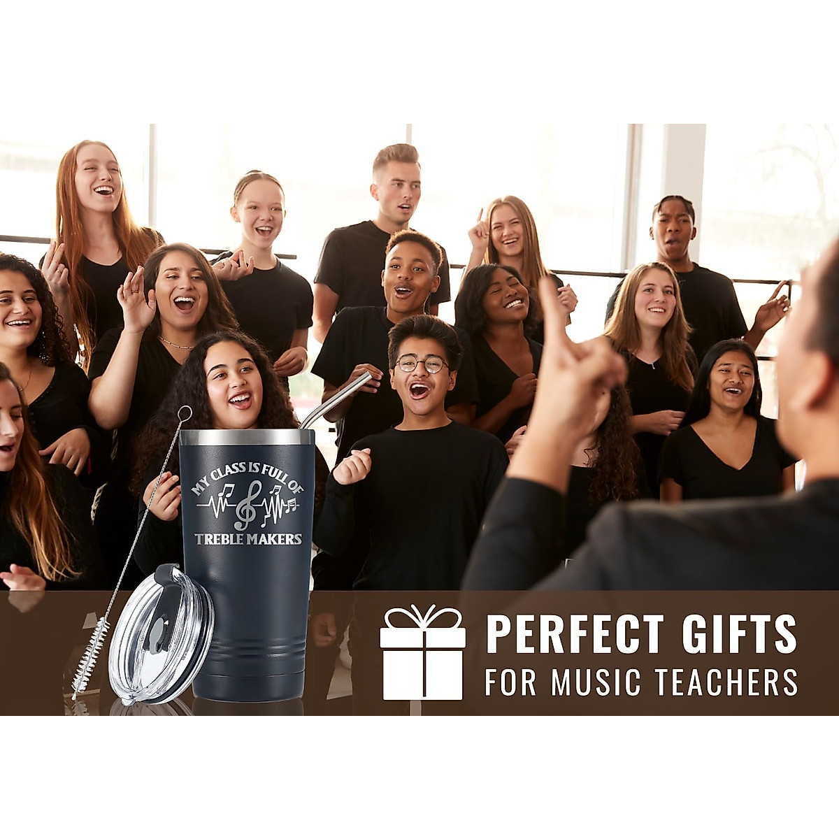 Onebttl Funny Music Teacher Gifts For Men, Women - My Class is Full of Treble Makers - 20 oz/590 ml Stainless Steel Insulated Tumbler with Straw, Lid - Music Lover Musical Themed Gifts - (Black)