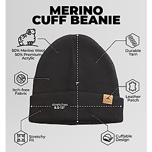 Tough Headwear Winter Beanie Knit Hat for Men & Women - Merino Wool Ribbed Cap - Warm & Soft Stylish Toboggan Skull Caps for Cold Weather - Basic - Black