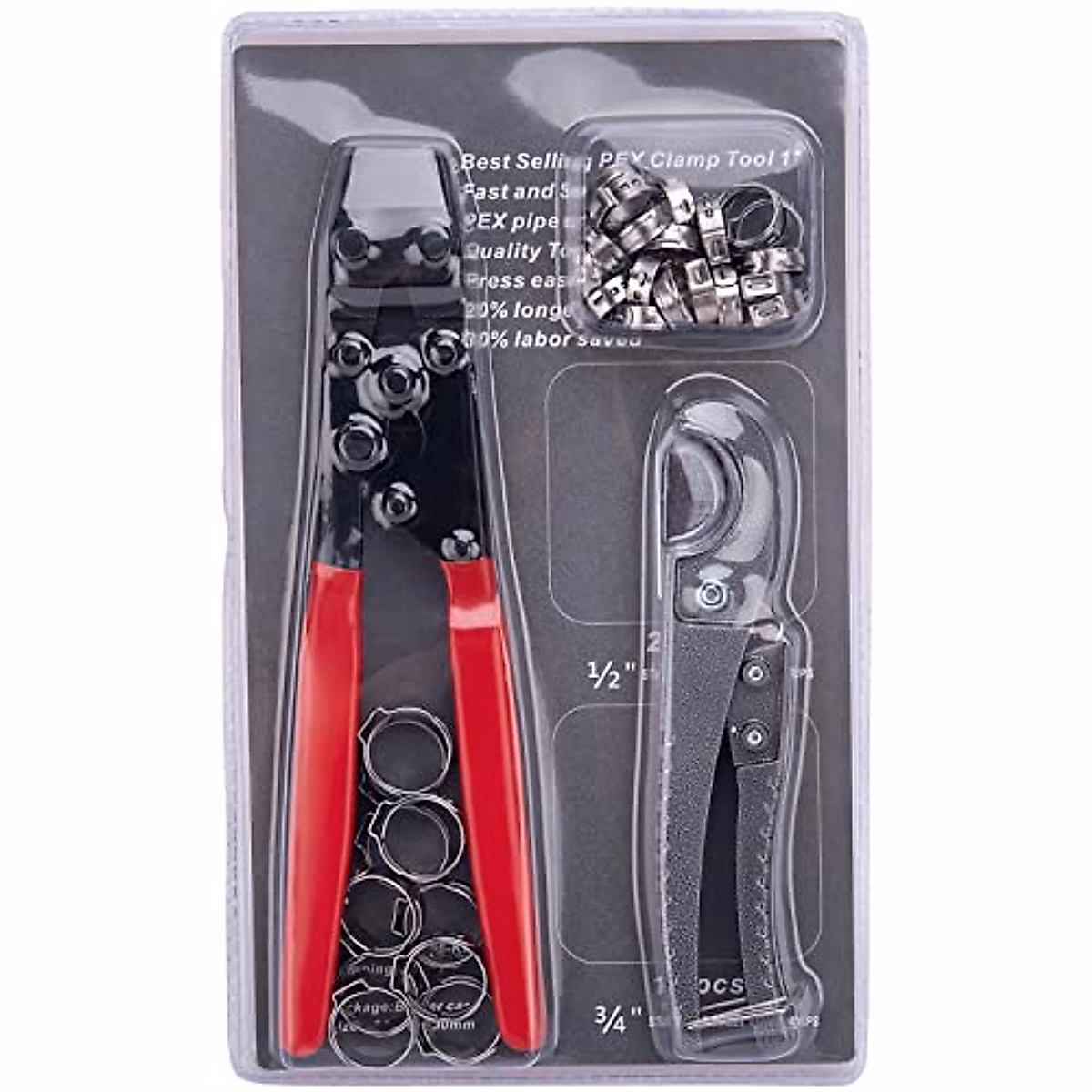 PEX Clamp Tool Ratcheting PEX Cinch Tool Pex Crimping Tool Meets ASTM 2098 and Will Work With Stainless Steel Clamps of sizes 3/8"~1" (with 20 PCS 1/2" + 10PCS 3/4" PEX Clamps & PEX Cutter)