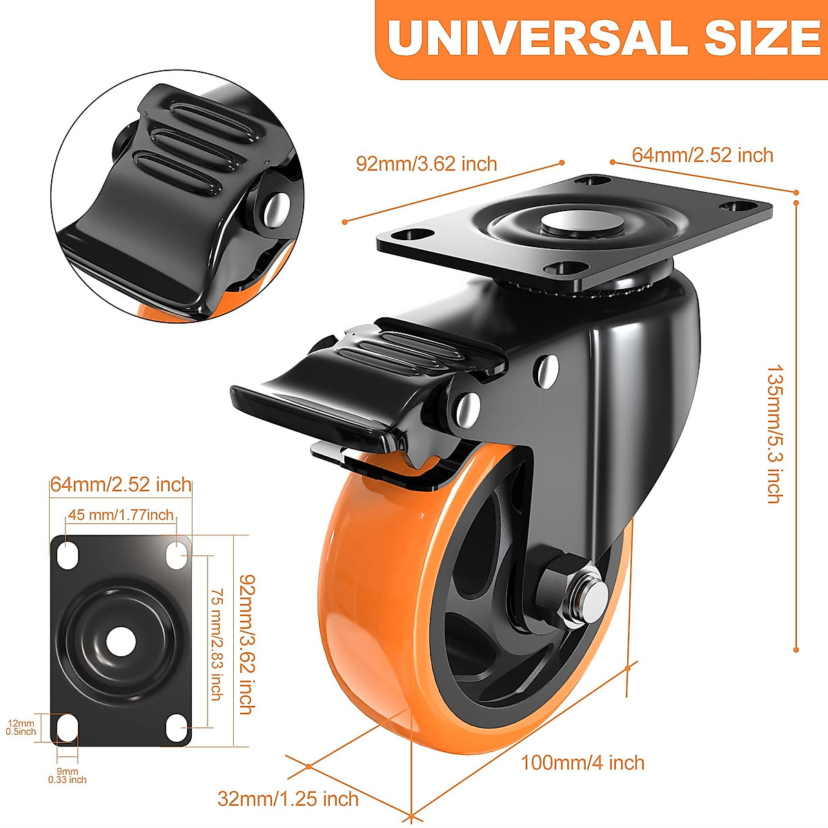 4 Inch Caster Wheels, Casters Set of 4 Heavy Duty, Industrial Casters with Brake, Polyurethane Foam No Noise Casters, Locking Swivel Plate Casters for Furniture&Workbench Cart(Free Two Hardware Kits)
