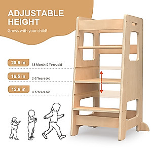 WOOD CITY Kitchen Step Stool for Kids and Toddlers with Safety Rail, Adjustable Height Step Stool Helper Standing Tower Learning Stool for Bathroom & Kitchen Counter