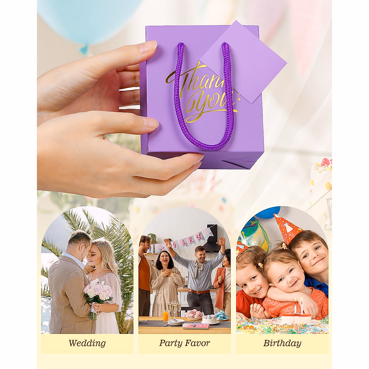 EQOREIIN 50 Pcs Purple Small Gift Bags with Handles 4 x 2.75 x 4.5 Inches Mini Thank You Gift Bags Party Favor Bags Kraft Paper Bags Bulk for Mother's Day Baby Shower Birthday(Purple)