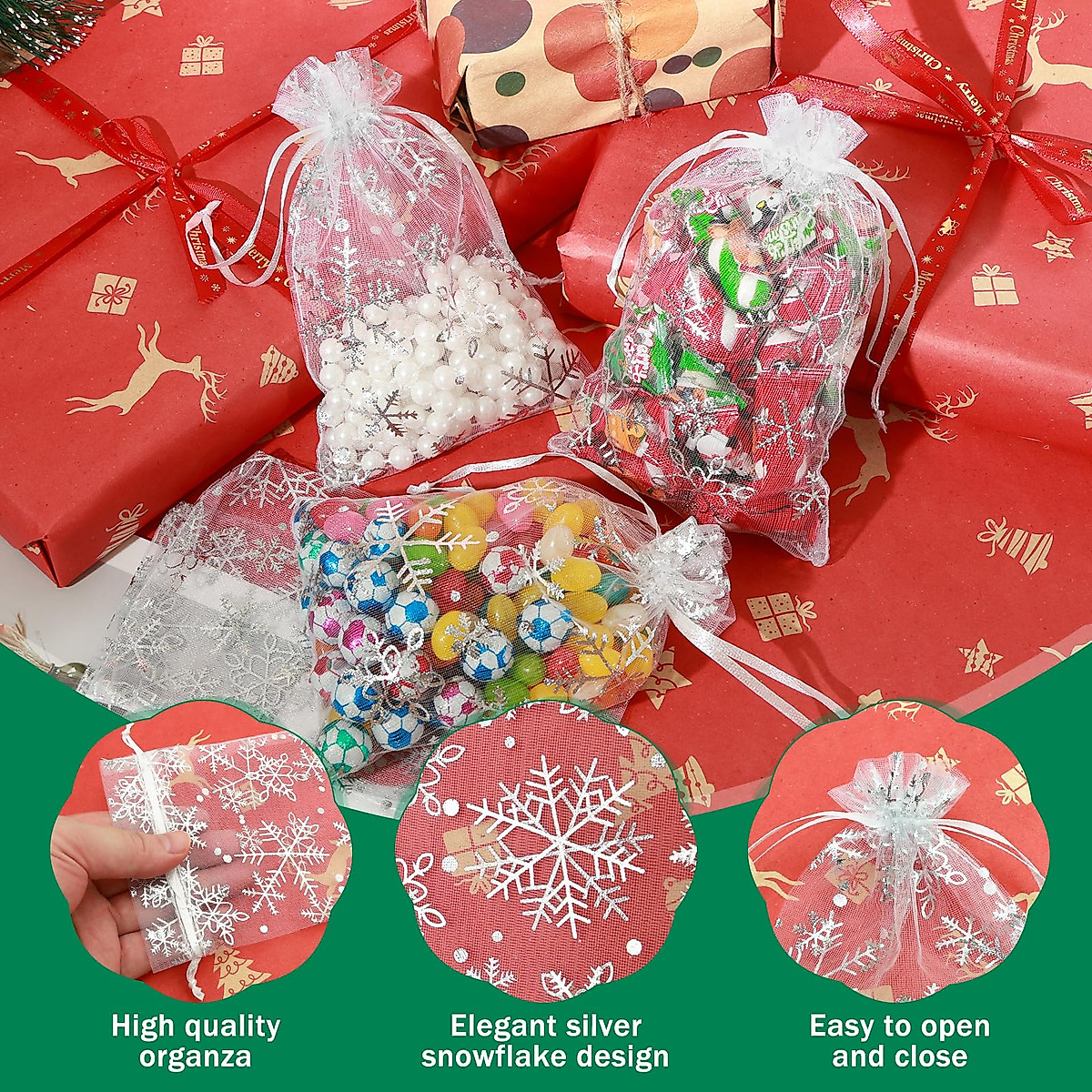 100Pcs Christmas Organza Bags, 4x6 Organza Gift Bags Snowflake Mesh Drawstring Gift Bags for Xmas Wedding Party Favor, Jewelry Candy Goodie Bags