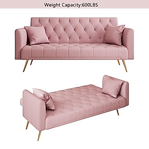 Modern Velvet Sofa Bed Futon with 2 Pillows,2-in 1 Convertible Sleeper Couch Bed,Folding Recliner Loveseat with Golden Metal Legs for Living Room Apartment Office (Pink) (Light Pink)