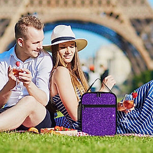 Insulated Lunch Bag Purple Glitter School Lunch Box for 6+ Years Old Boys Girls Bling Thermal Reusable Work Lunch Cooler for Men Women Office