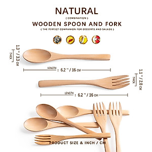 Hefild 2pcs 6.3inch Schima Wooden Utensil Set Including Wooden Spoons and Wooden Forks, Reusable Handmade Natural Wooden Cutlery, Sustainable Responsible Wood Flatware Set for Stirring Eating＆Camping