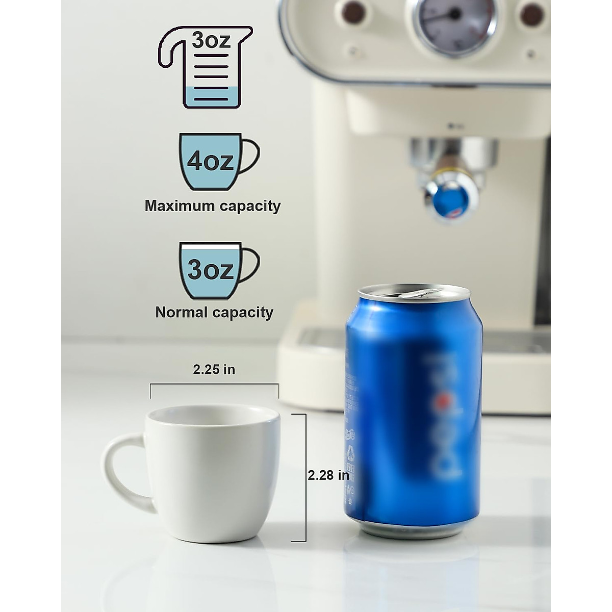 Hasense Ceramic 3 OZ Espresso Cups, Porcelain Espresso Demitasse Cups Set of 4 for Double shot, Lungo and Ristretto, Tiny Italian Expresso Shot Coffee Mugs for Home and Office, White