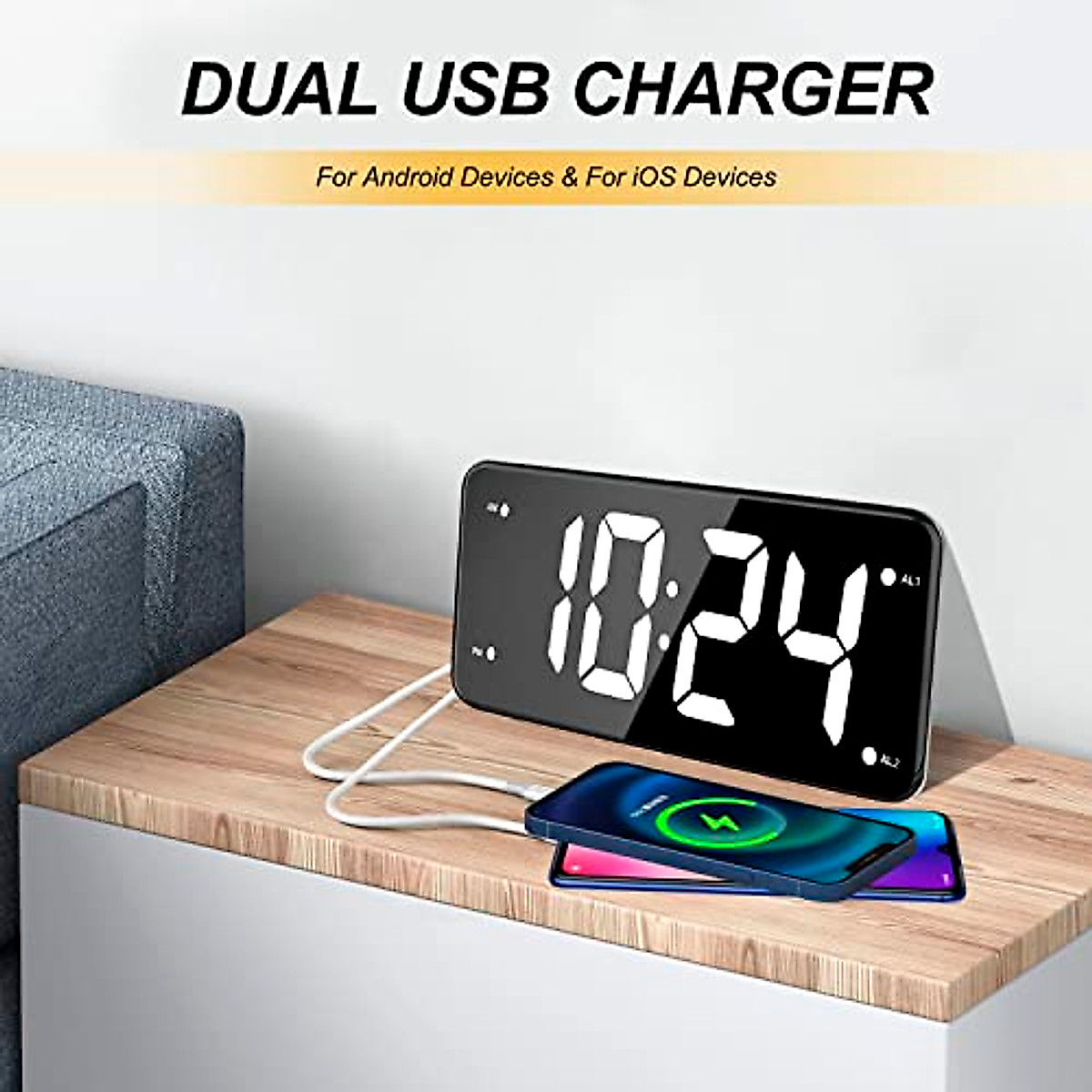 Digital Loud Alarm Clock for Heavy Sleepers Adults with Bed Shaker - Ideal for Hearing Impaired People - Dual Alarm Settings & 2 USB Charger - 7 Inch Display (Black with White Digit)