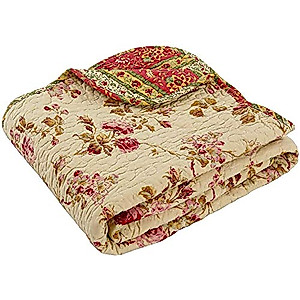 Cozy Line Home Fashions Rose Garden Vintage Floral Pink Khaki Scalloped Cotton Reversable Quilted Throw Blanket (60"x 50" inch)