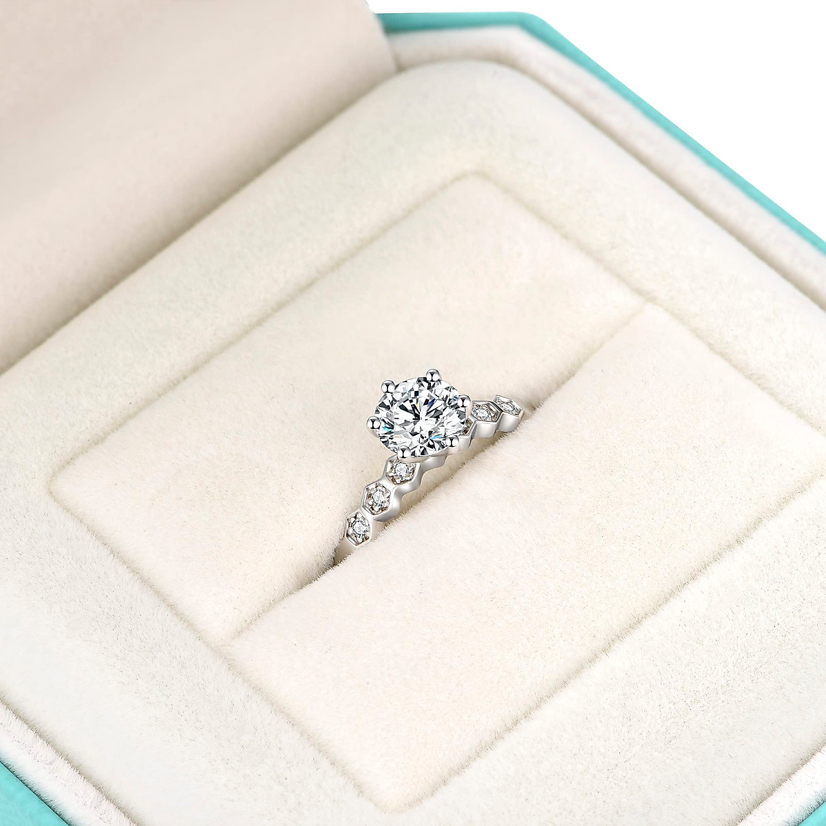 Momercy Kiff Moissanite Engagement Ring for Women White Gold Plated Sterling Silver Promise Ring Wedding Band Fake Faux Wedding Ring Diamond Honeycomb Ring