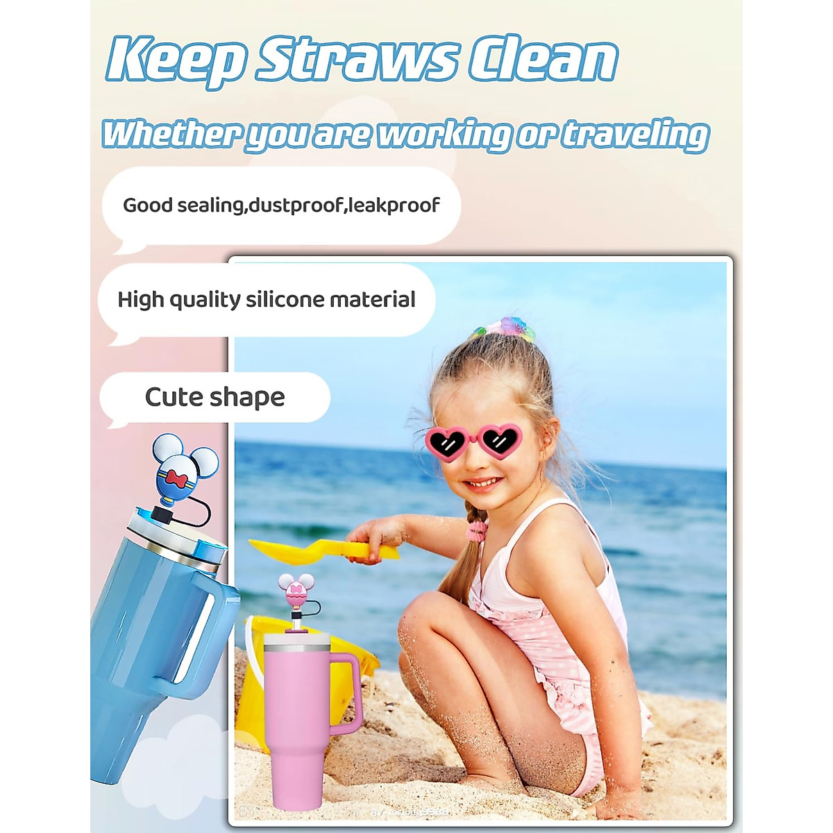 10PCS Funny Straw Cover Cap Compatible with Stanley for 30&40 Oz Cup 10 mm Drinking Straw Topper, Reusable Silicone Straw Covers, Cute Trumbler Cup Accessories (Mouse-1)