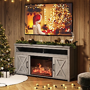 BELLEZE Barn Door Wood Electric Fireplace TV Stand for TVs up to 65 Inches Open Shelves and Cabinets Media Entertainment Center Console Table - Corin (Gray Wash)