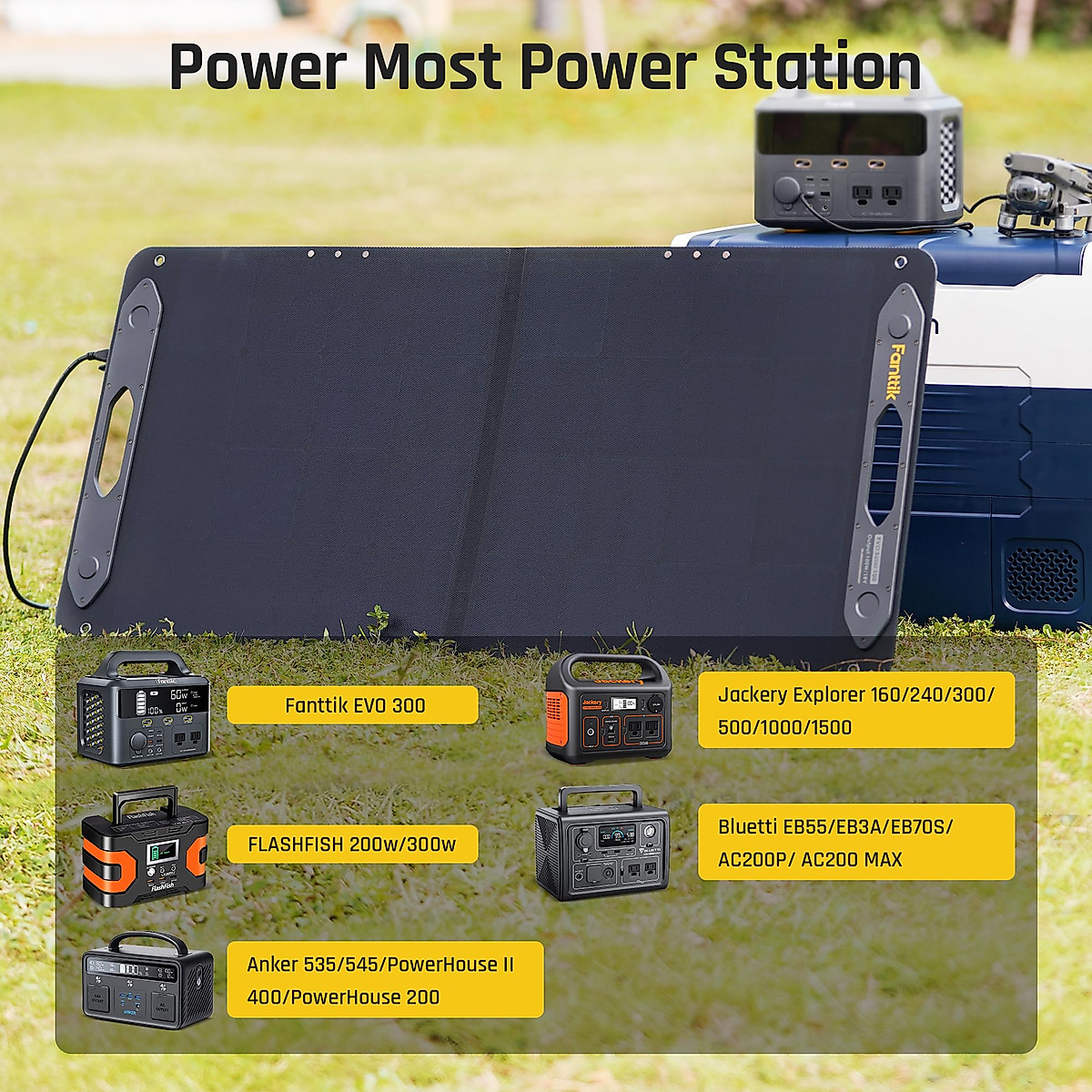 Fanttik EVO 300 Portable Power Station with 100W Solar Panel, 299Wh Backup Power Supply with Ultra Large Digital Screen, 2 AC 110V/300W (Peak 600W) Pure Sine Wave Outlets, for Outdoors Camping Travel