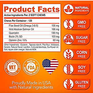 Omega 3 for Dogs - Dog Skin and Coat Supplement - Fish Oil for Dogs Chews - Allergy and Dog Itch Relief - Dog Anti Shedding Supplement - Dog Dry Skin Treatment - Salmon Oil - Made in USA - 120 Treats