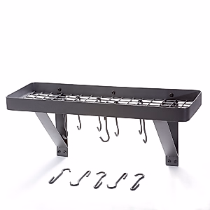 Old Dutch Graphite Wall Mount Bookshelf Grid & 8 Pot Rack with Hooks