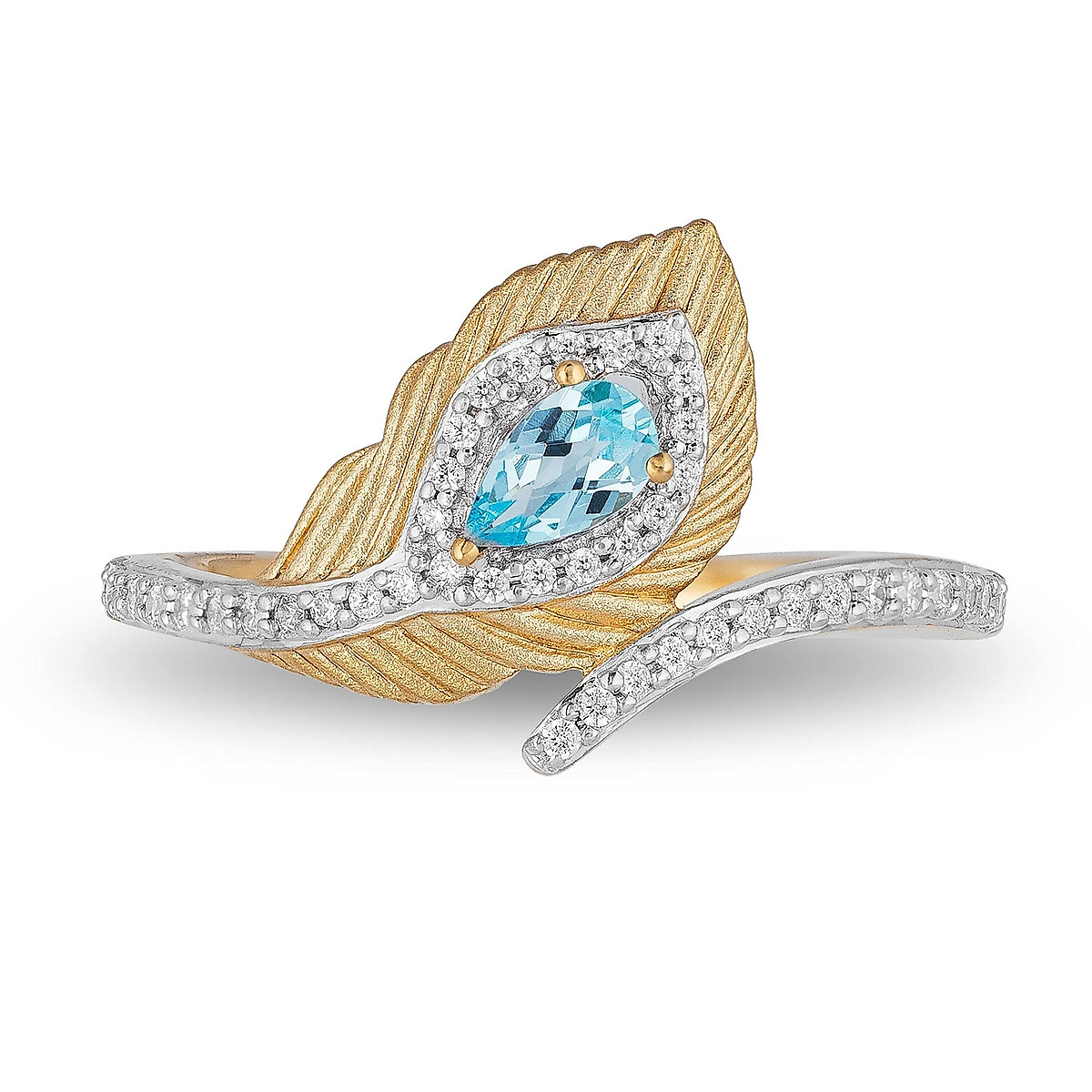 Jewelili Enchanted Disney Fine Jewelry 10K Yellow Gold 1/6 Cttw Diamond and Swiss Blue Topaz Jasmine Peacock Feather Ring Size 8