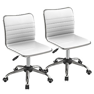 Our Modern Space 2 PACK Adjustable Ribbed Swivel Office Chair - Faux Leather, Low Back, Armless with Rolling Caster Wheels for Home, Office Vanity Dorm Workspace - WHITE