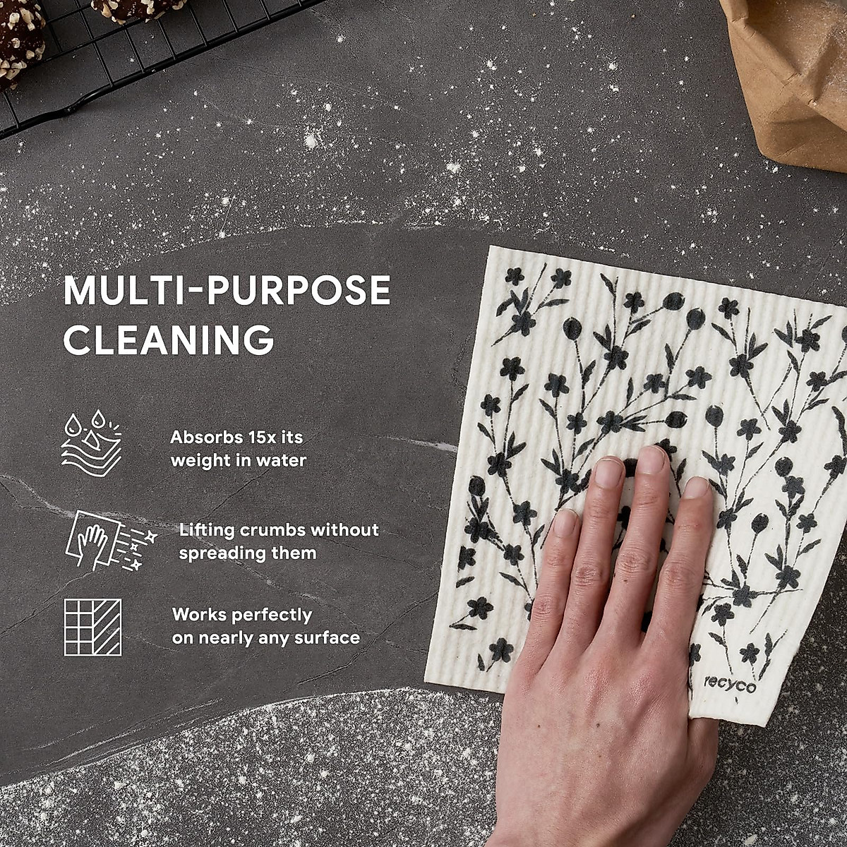 RECYCO Swedish Dishcloths for Kitchen | 5 Packs Geometric Washable Dish Rags | Cellulose Reusable Cleaning Paper Towels | Absorbent Counter Dish Cloth Sponge Kitchen Wipes, 8" L x 7" W